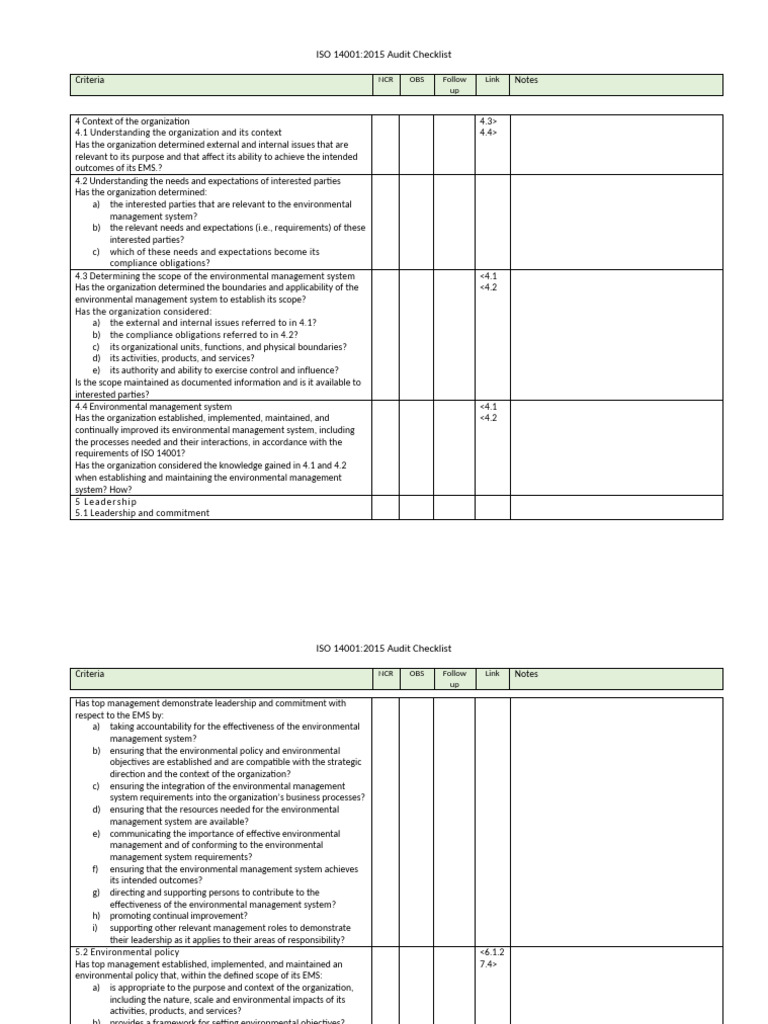 14001-2015 Audit Checklist Sample | PDF | Business