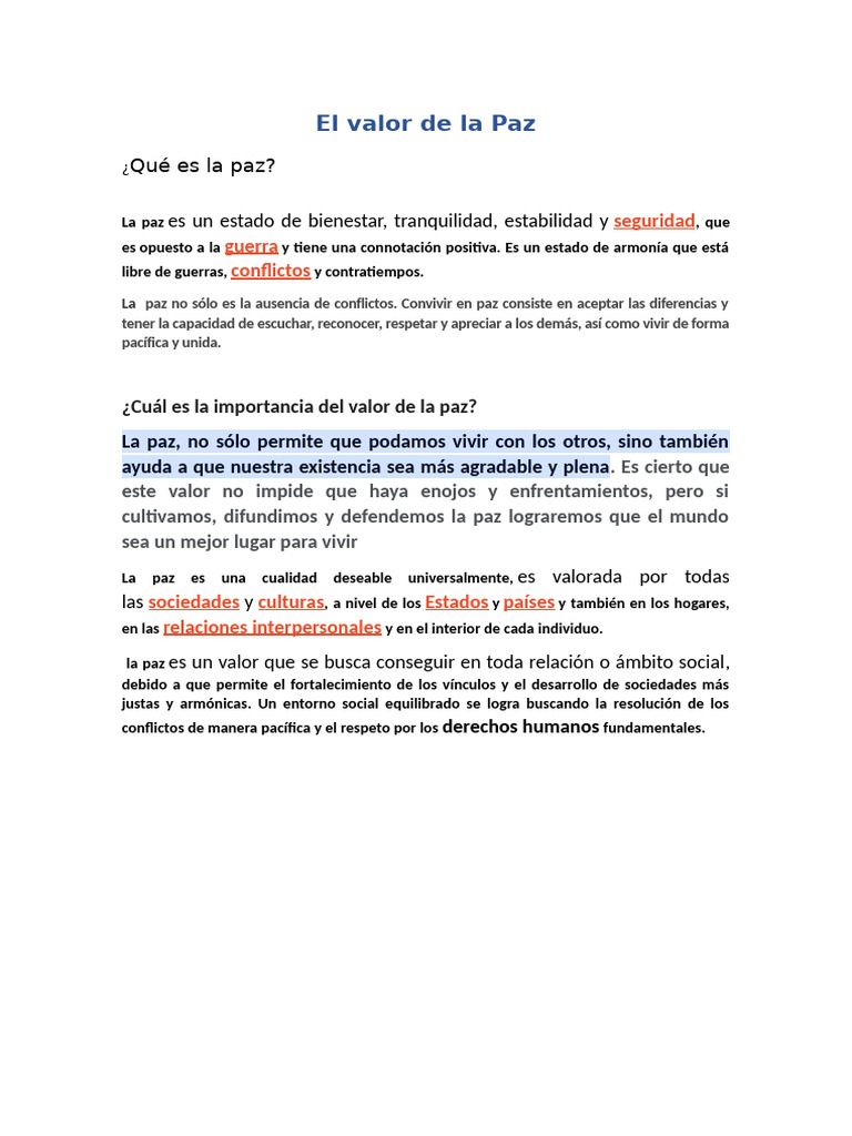 El Valor de la Paz en la Sociedad | PDF