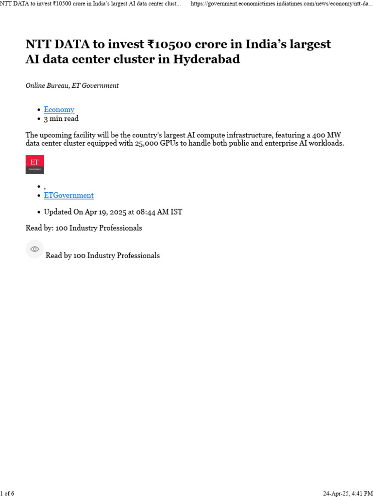 NTT DATA Investment in India - NTT DATA To Invest 10500 Crore in India's Largest AI Data Center ...