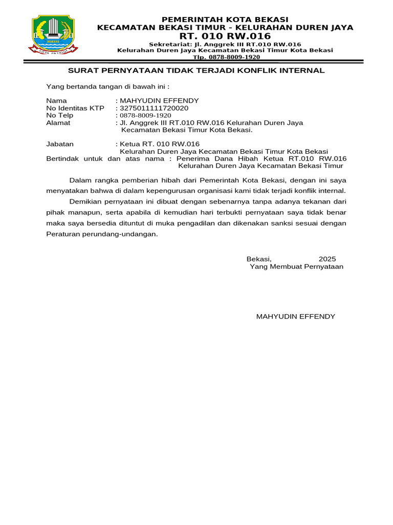 SURAT PERNYATAAN TIDAK TERJADI KONFLIK INTERNAL 010-016 DUREN JAYA | PDF