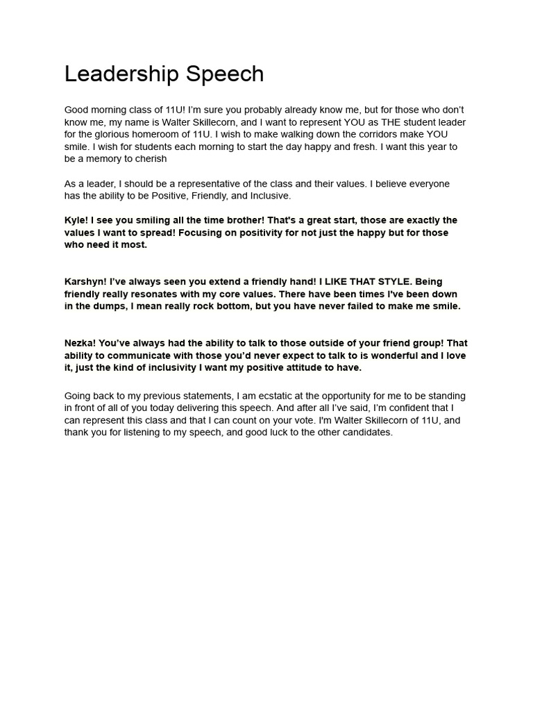 11U Leadership Speech by Walter Skillecorn | PDF