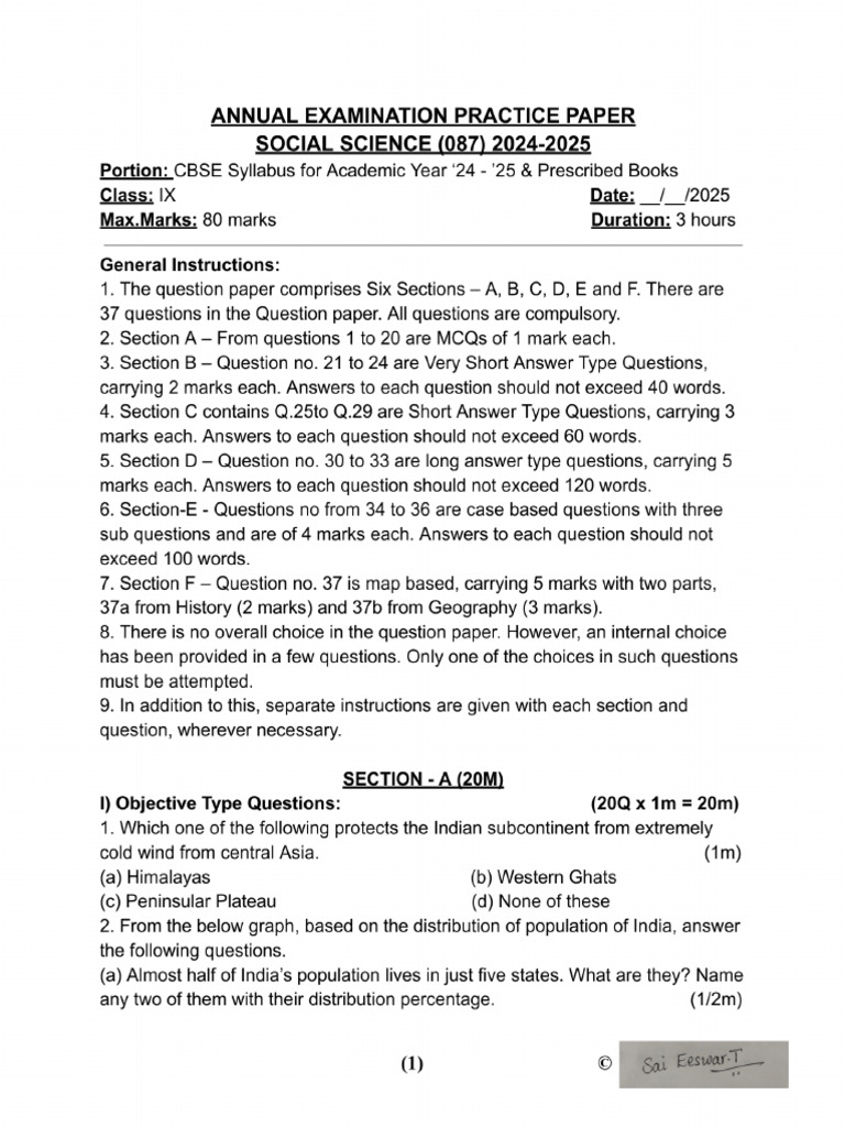 Class 9 Annual Examination Practice Paper Social Science | PDF