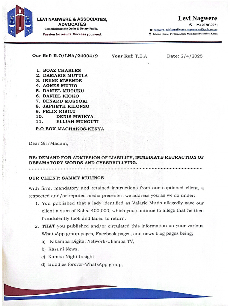 Demand Letter -Sammy Mulinge | PDF