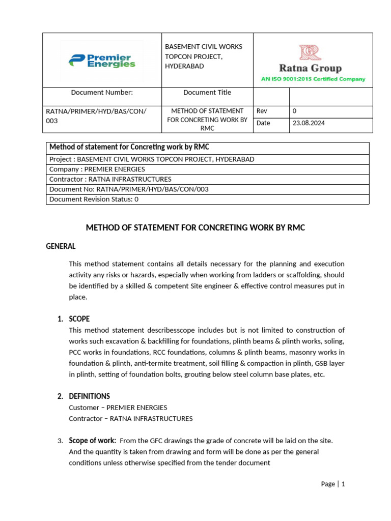 3 METHOD STATEMENT FOR Concreting by Ready Mix Concrete | PDF | Personal Protective Equipment ...