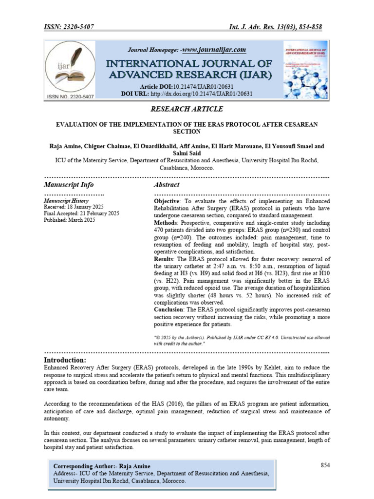 Evaluation of The Implementation of The Eras Protocol After Cesarean ...
