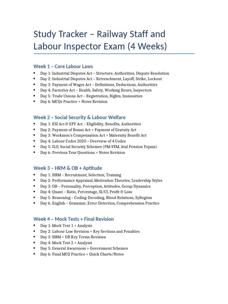 Railway Labour Inspector Study Tracker | PDF