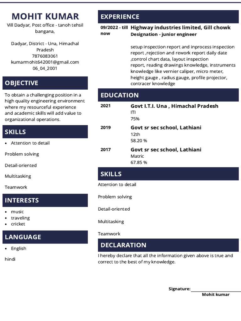 Mohit Kumar's Engineering Resume | PDF | Cognition