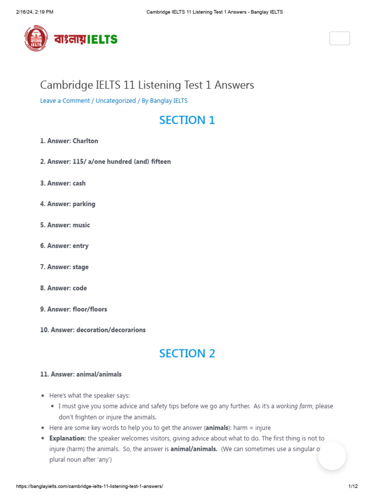 Cambridge IELTS 11 Listening Test 1 Answers - Banglay IELTS | PDF ...