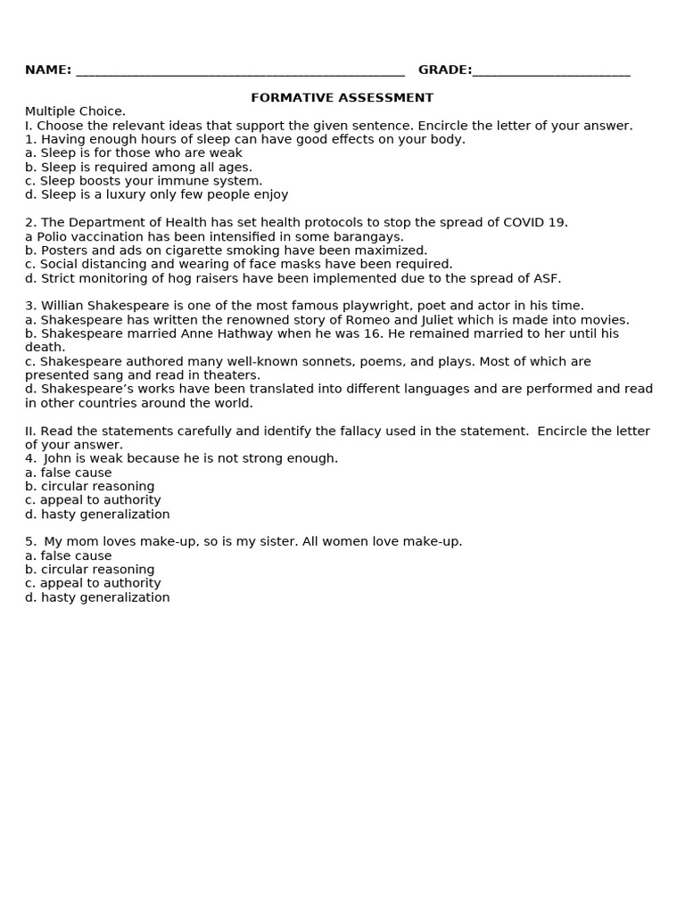 Formative Assessment: Health & Literature | PDF