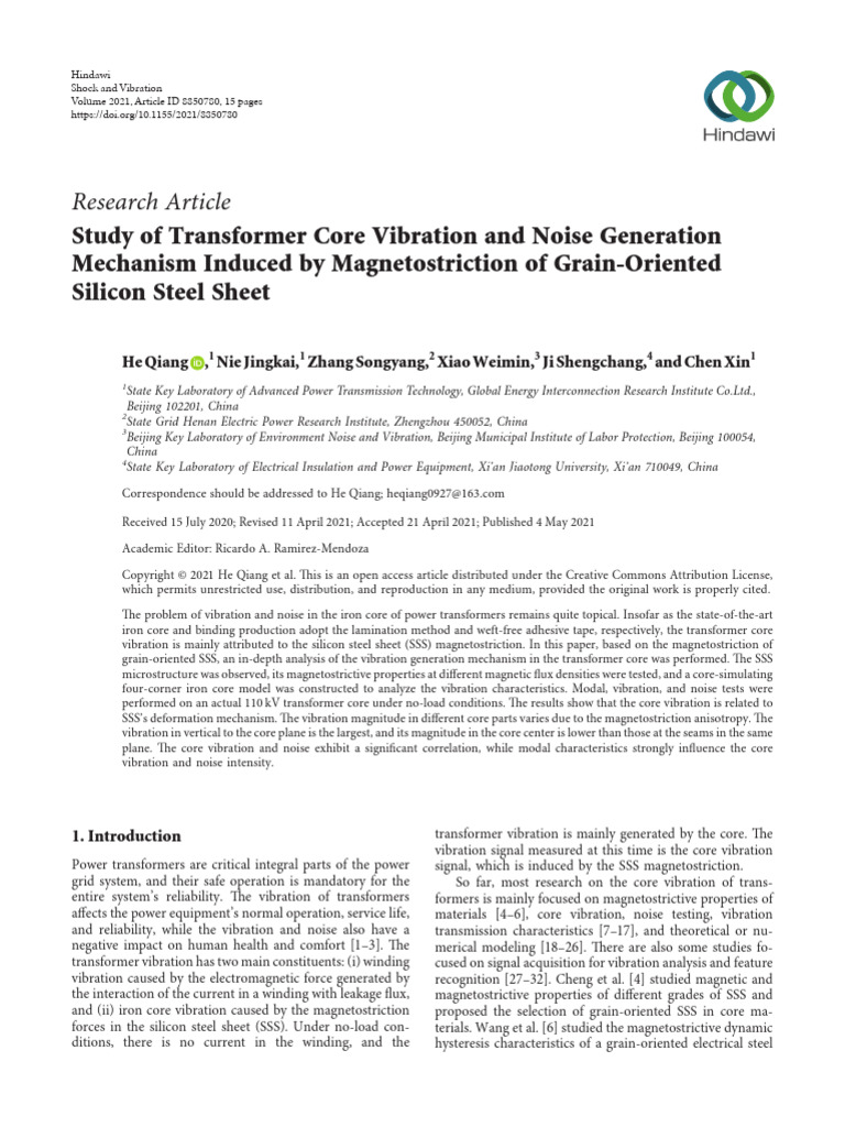 Shock and Vibration - 2021 - Qiang - Study of Transformer Core ...