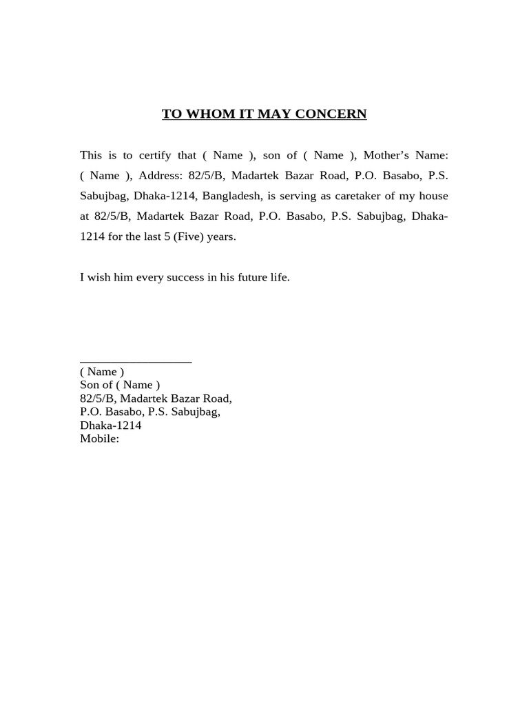 Caretaker Employment Certification Letter | PDF