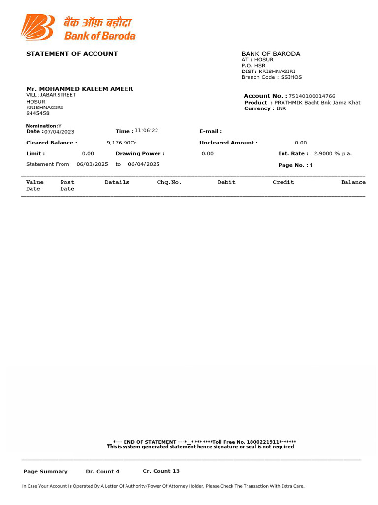 Bank of Baroda Account Statement | PDF | Cash | Debits And Credits
