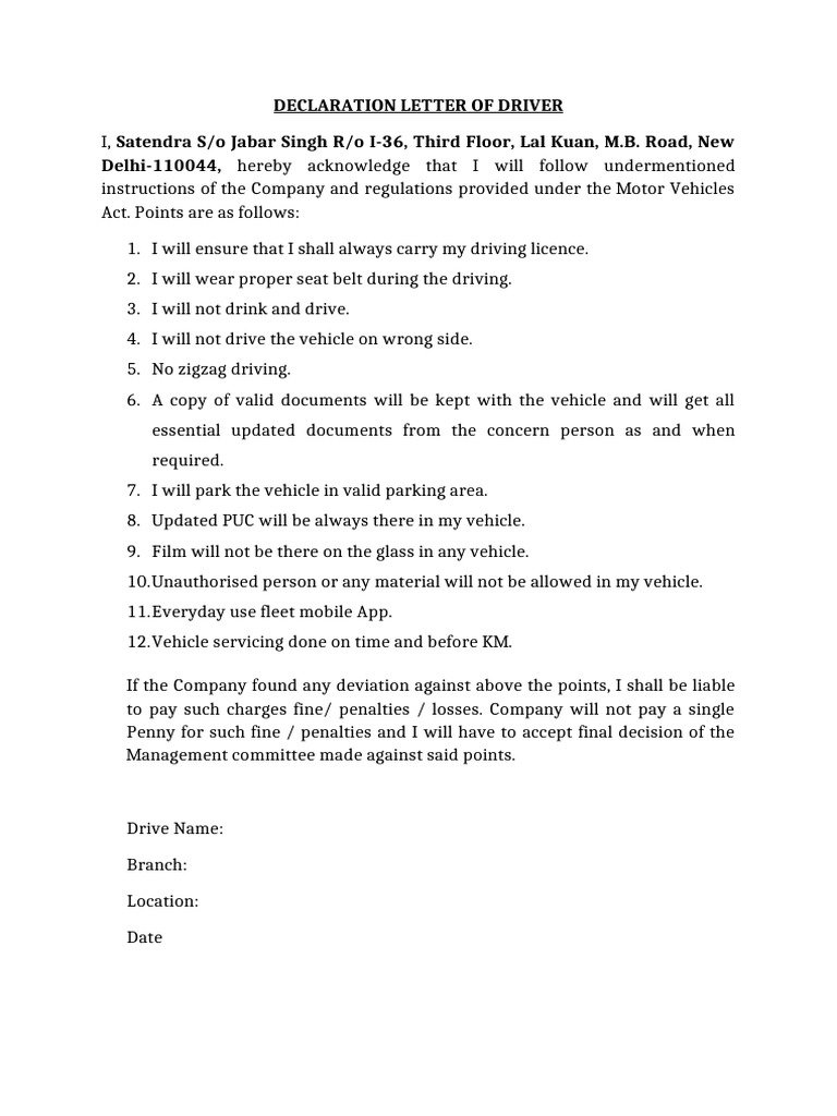 Declaration Letter of Driver | PDF
