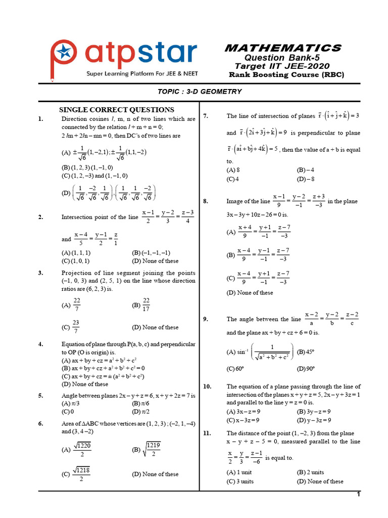 Class 12 3D Geometry Question Bank | PDF | Line (Geometry ...