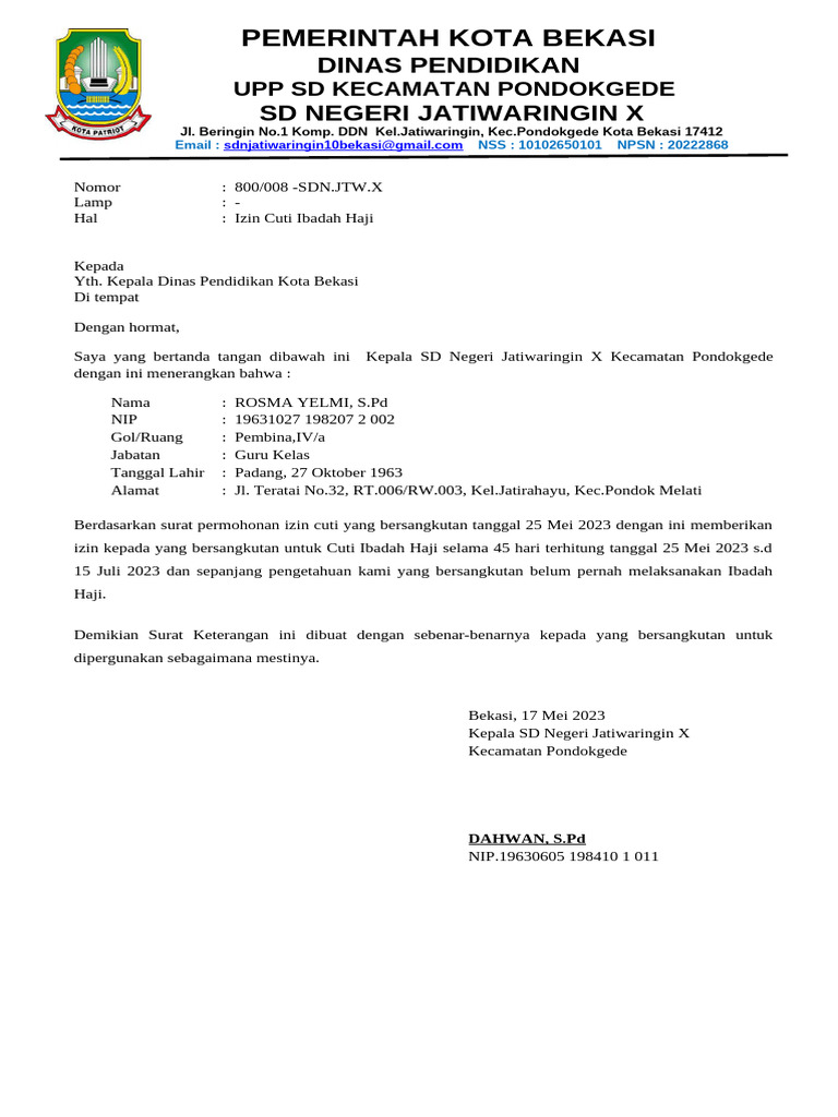 Surat Izin Cuti Ibadah Haji | PDF