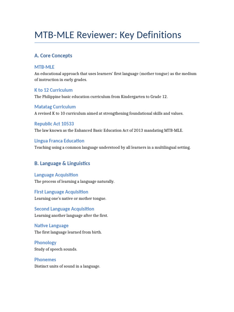 MTB-MLE_Reviewer_Definitions_Complete | PDF | Learning | Word