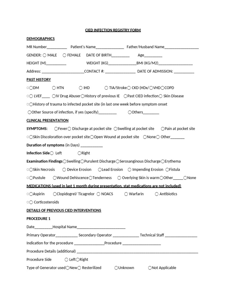Cied Infection Registry Form 1 | PDF | Infection | Medicine