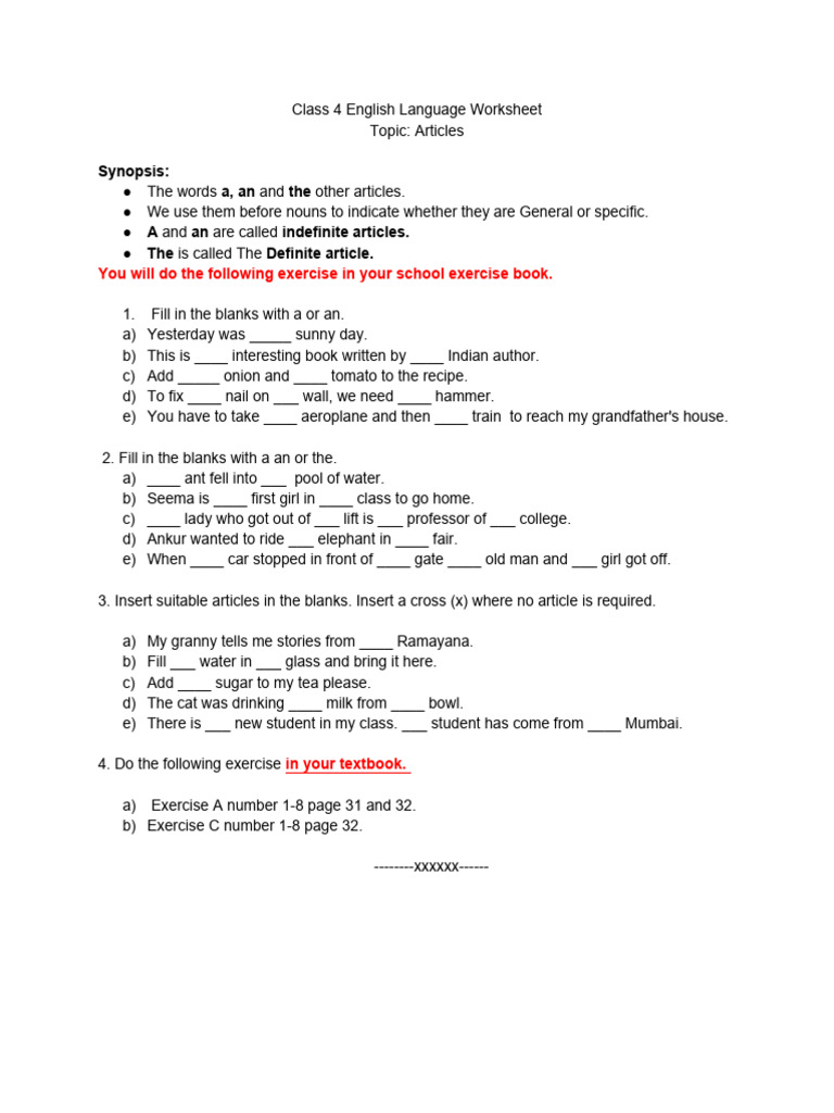 Class 4 English Language Worksheet. Articles | PDF