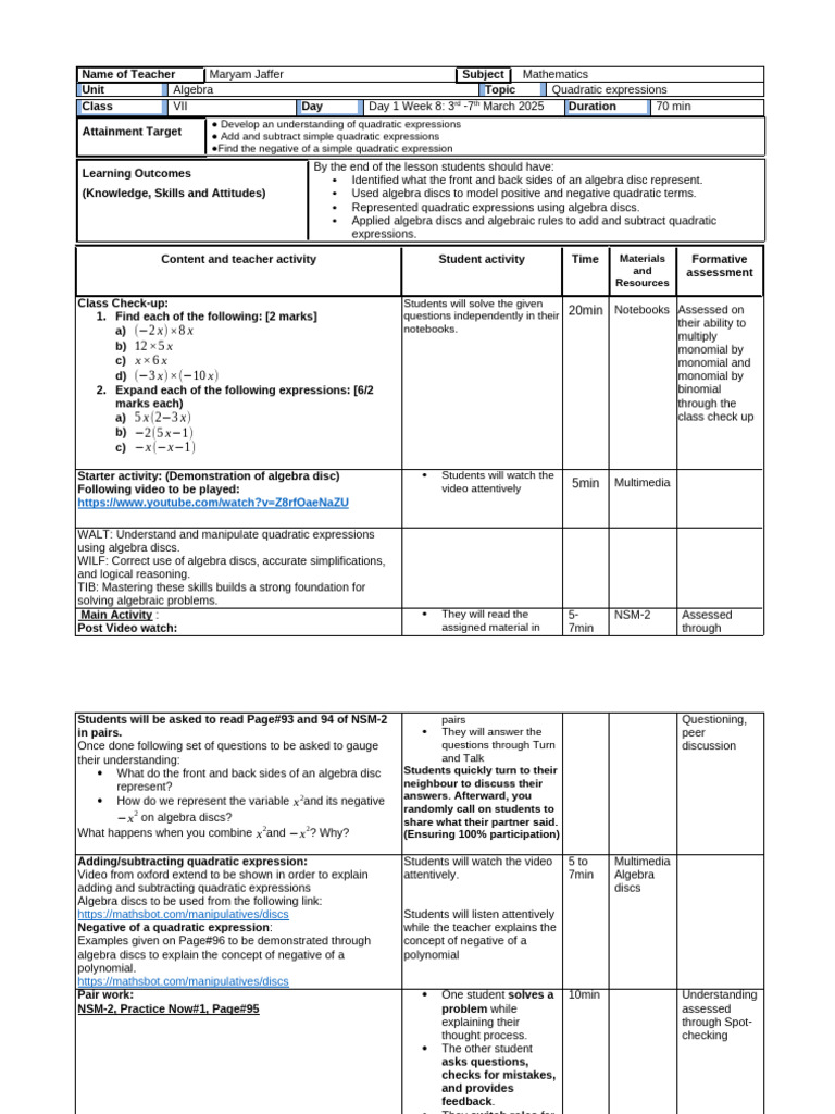 Quadratic Expressions with Algebra Discs | PDF | Algebra | Learning