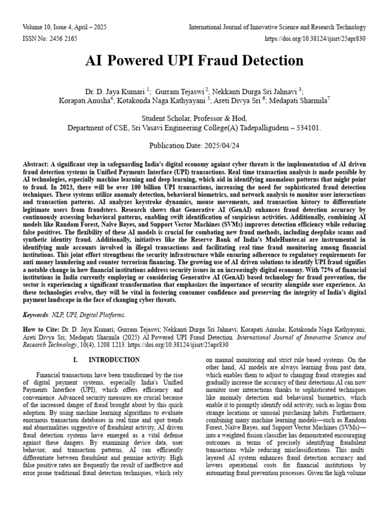 Ai Powered Upi Fraud Detection Pdf Machine Learning Artificial Intelligence