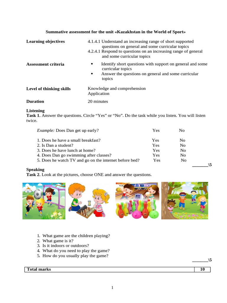 4 Grade Summative assessment for the unit1 | PDF