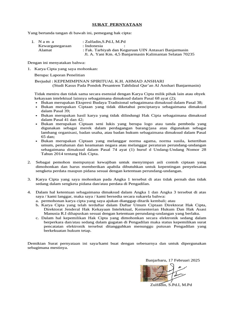CONTOH SURAT PERNYATAAN HKI Zul | PDF