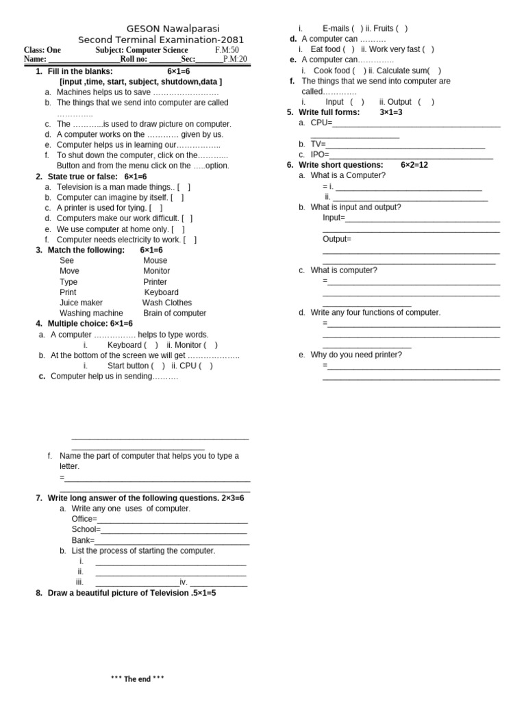 Class 1 Computer Science Worksheet 2081 | PDF | Manufactured Goods ...