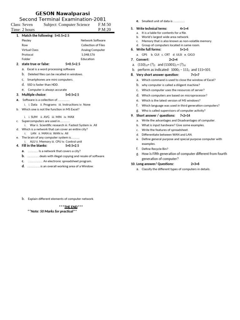 Second Term 2081 (Computer-7) | PDF | Computer File | Computer Hardware