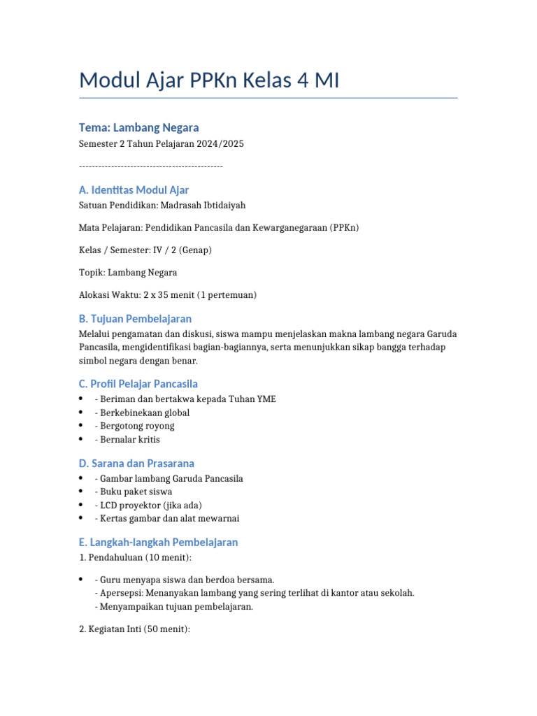 Modul Ajar PPKN Kelas 4 MI Lambang Negara | PDF