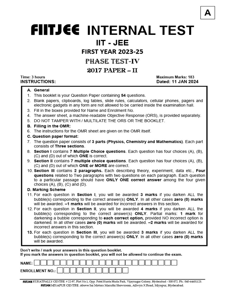 (Set-A) JR Adv (2017 P2) PH-4 Ex. Dt. 11-01-2024 - Q.P | PDF ...