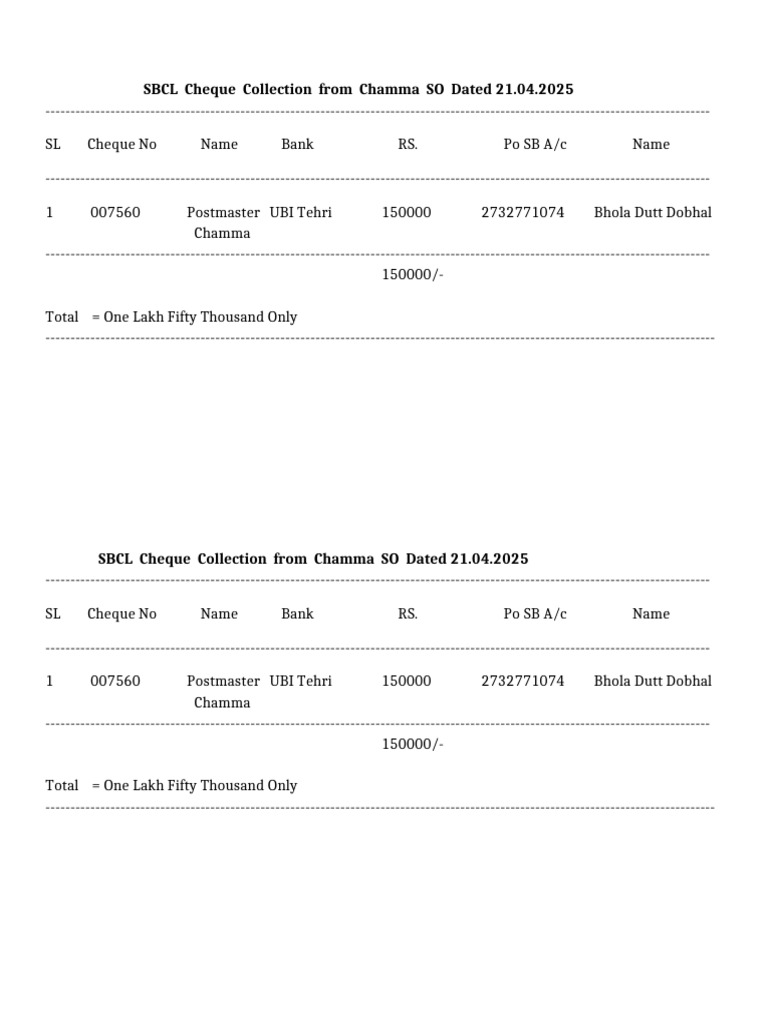 SBCL Cheque Collection Chamma SO 2025 | PDF