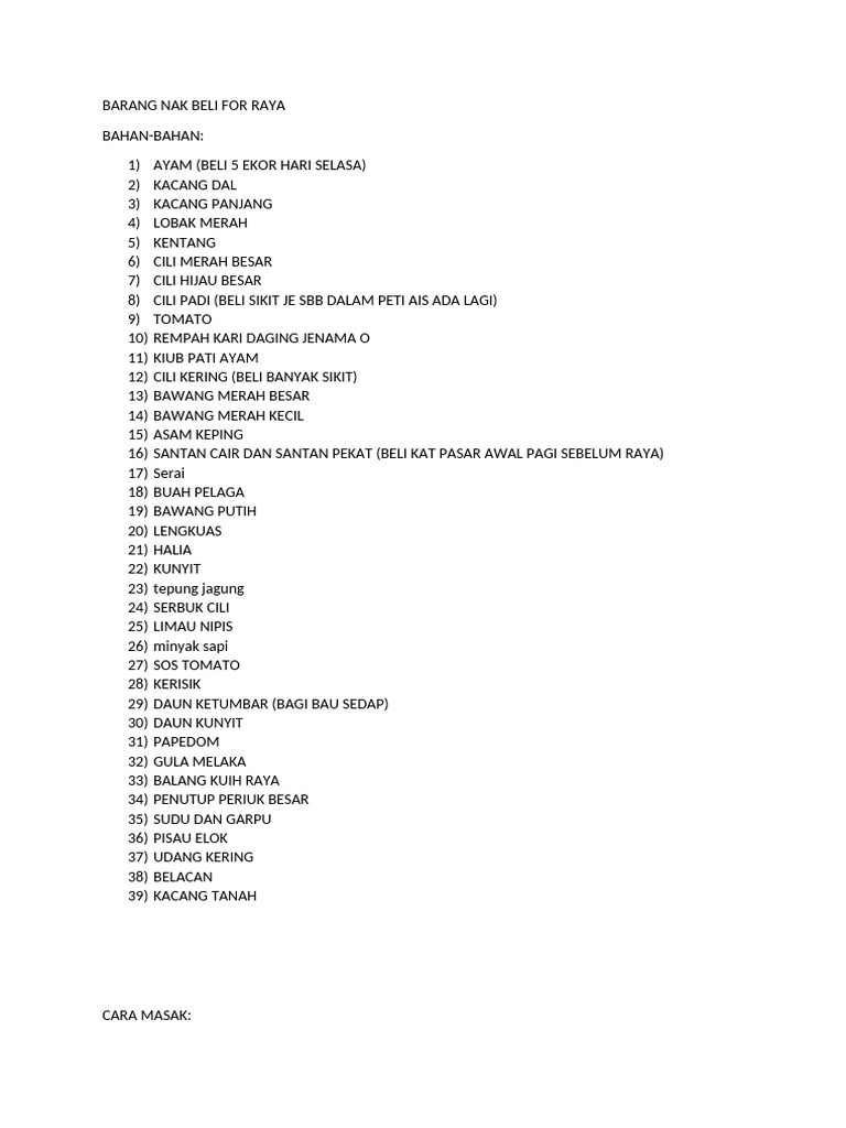 Barang Nak Beli For Raya Dan Resipi Masak Raya | PDF