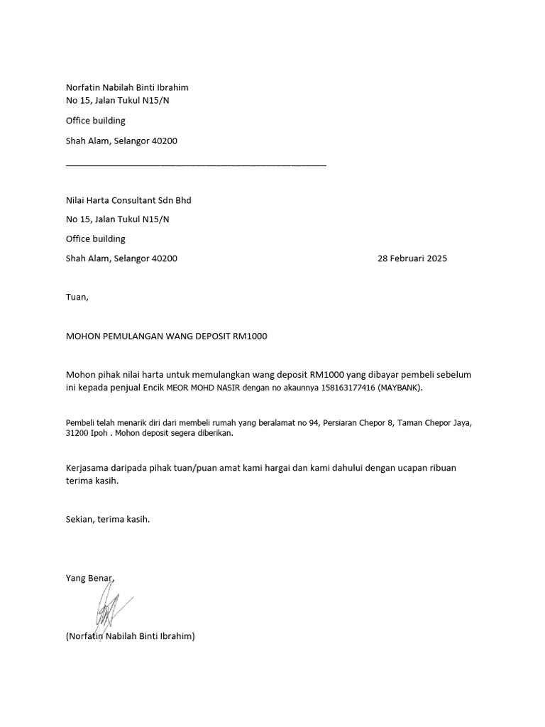 Surat Refund Duit en Meor | PDF