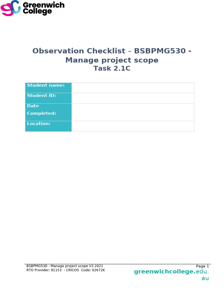 BSBPMG530 - Observation Checklist Task 2.1C - Student Name V1-1 | PDF ...