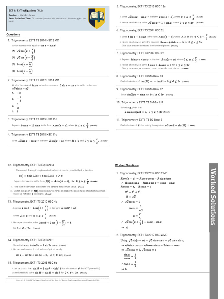 12MATX1 Trigonometric Equations Maths Advanced | PDF | Trigonometry ...