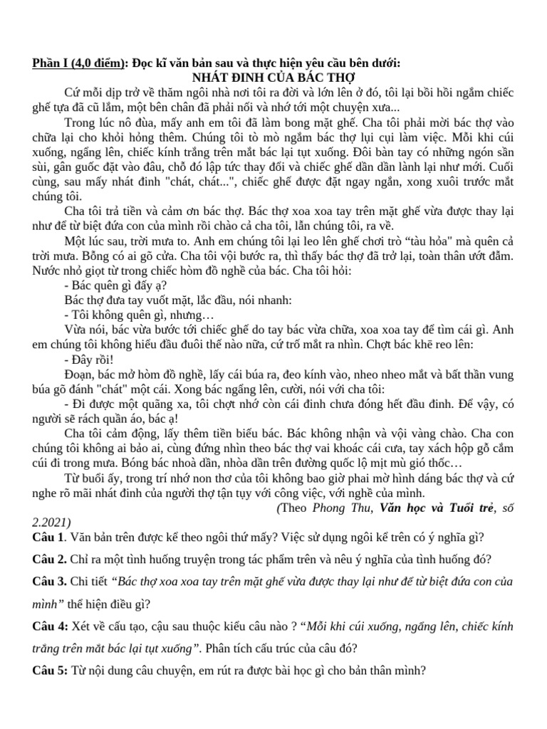 TRUYỆN NHÁT ĐINH CỦA BÁC THỢ - tự luận | PDF