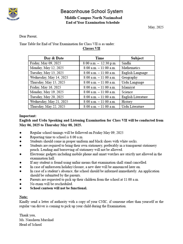 Class VII EOY Timetable 2025 | PDF