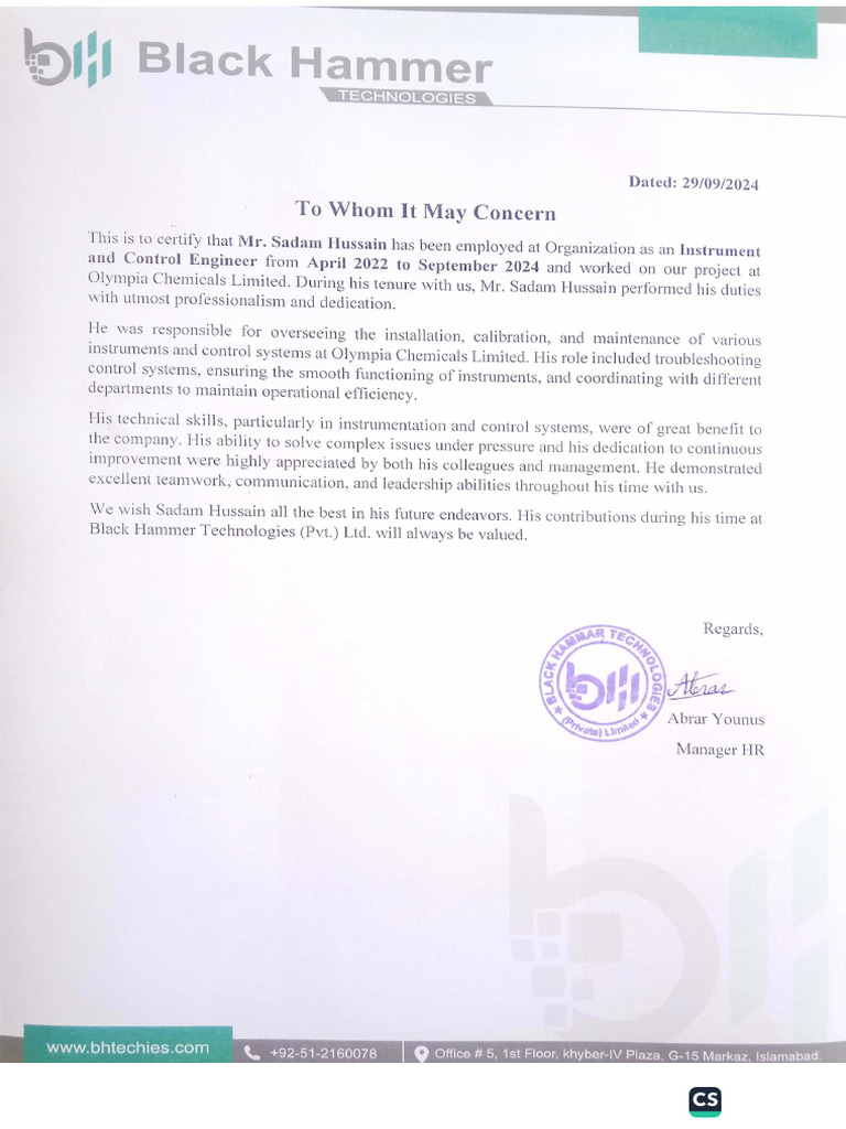Sadam Olympia Experience Letter | PDF