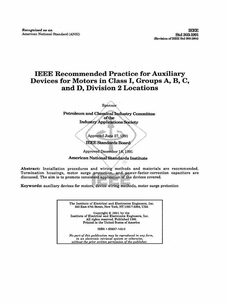IEEE STD 303-1991. IEEE Recommended Practice For Auxiliary Devices For Motors in Class I, Groups ...
