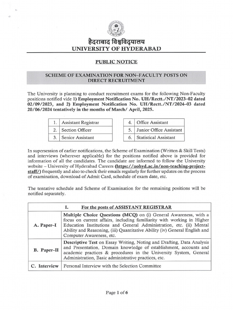 Uoh Scheme of Examination | PDF