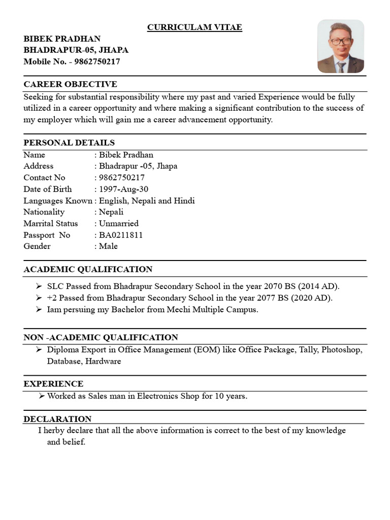 Curriculam Vitae Bibek Pradhan Bhadrapur-05, Jhapa Mobile No. - 9862750217 Career Objective | PDF