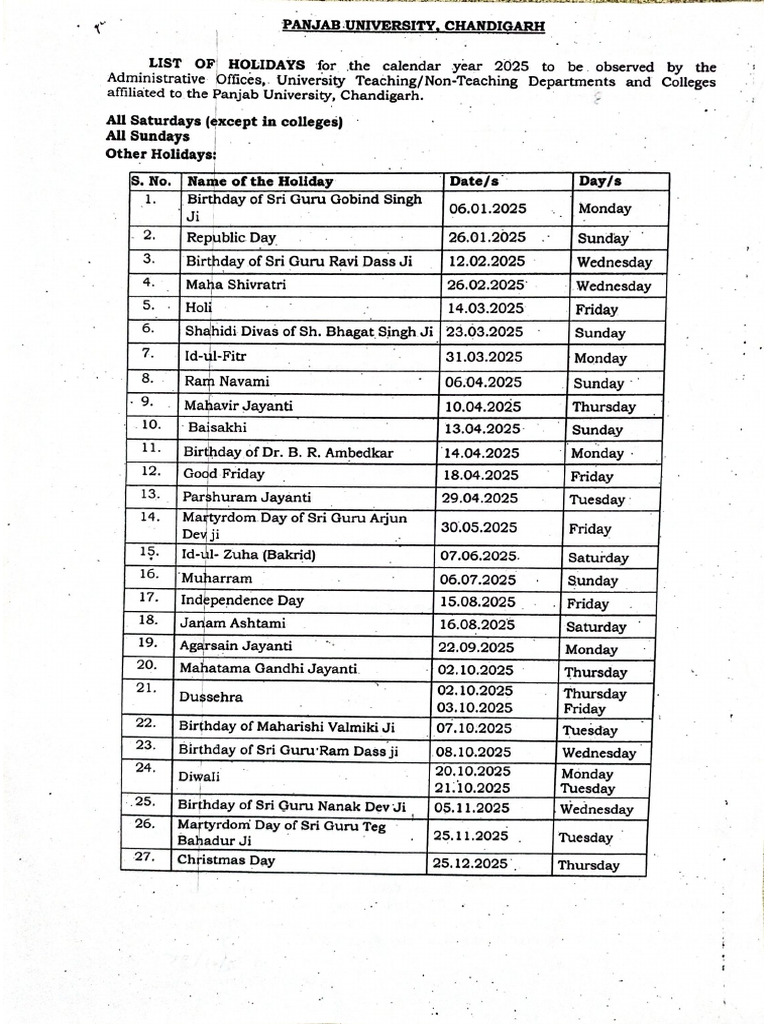 Pu Holidays 2025 | PDF
