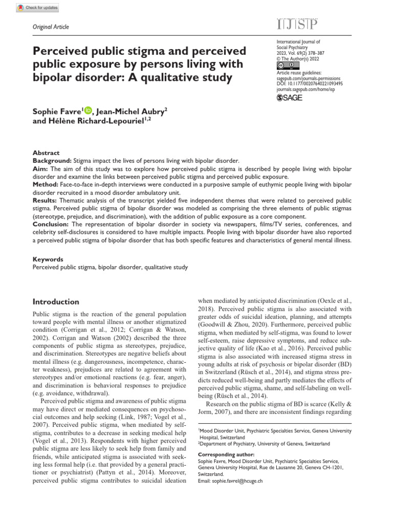 Perceived Public Stigma in Bipolar Disorder | PDF | Social Stigma ...