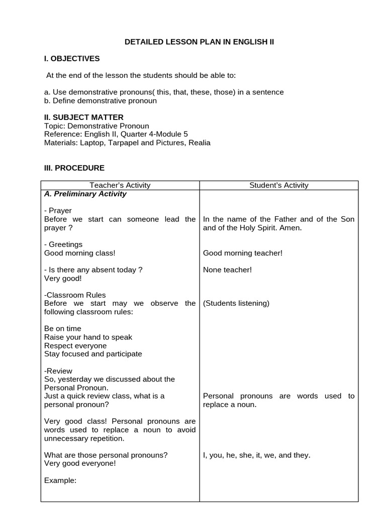Detailed-Lesson-Plan-In-English-Ii - Final Demo Teaching | PDF | Plural | Pronoun
