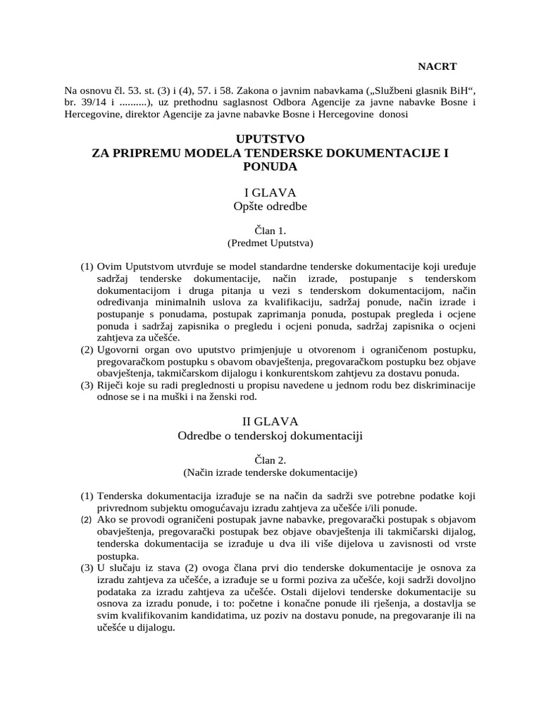 Uputstva Za Pripremu Modela Tenderske Dokumentacije I Ponuda. | PDF