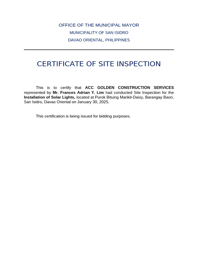 Certificate of Site Inspection | PDF