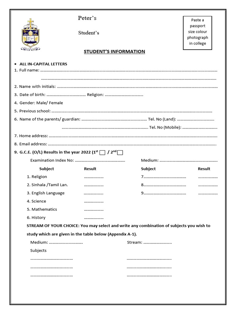 St. Peter's College A/L Application 2025 | PDF