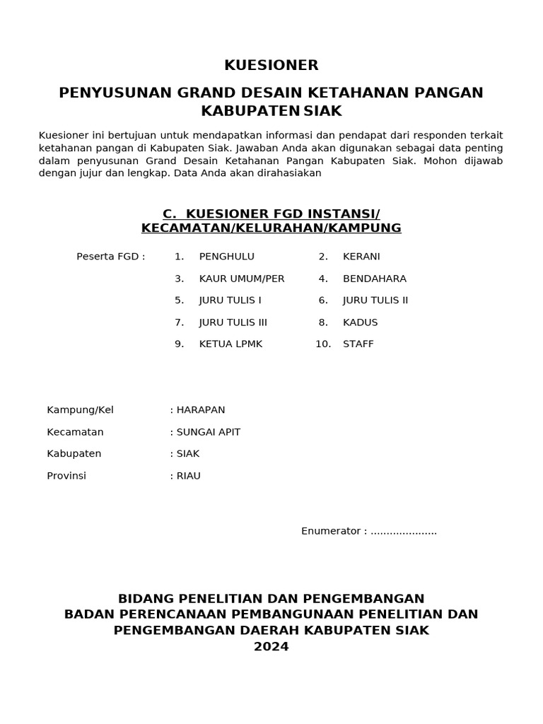 E - Kuesioner FGD KA BAPPEDA | PDF