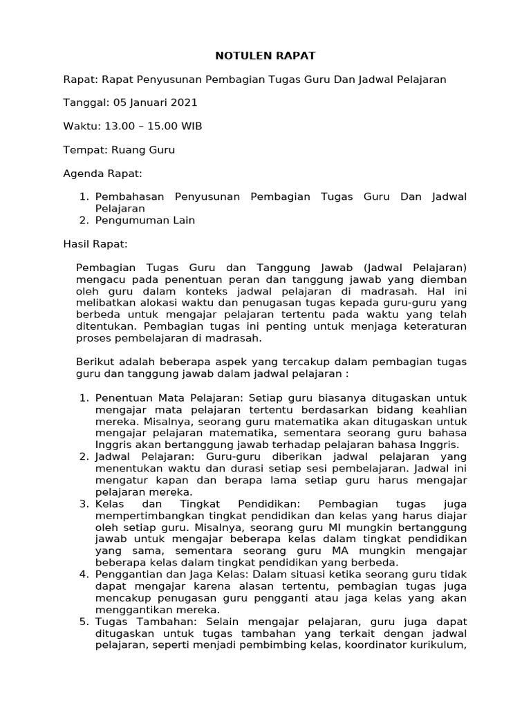 NOTULEN RAPAT PEMBAGIAN TUGAS GURU DAN JADWAL PELAJARAN | PDF