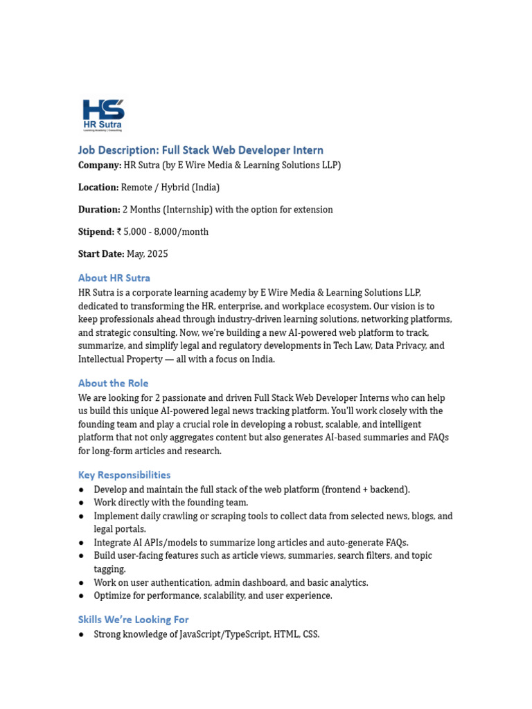 HR Sutra Full Stack Intern JD | PDF | Computing | Information Technology